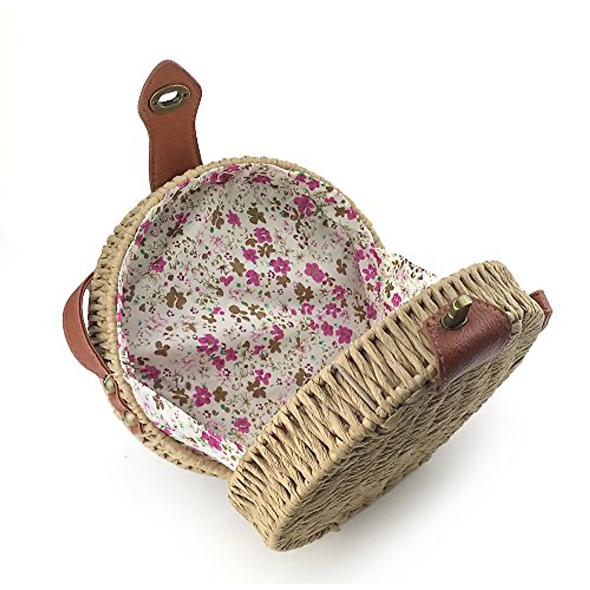 Round Straw Handwoven Shoulder Bag Women Cross body Bag for Summer Holiday (Brown)