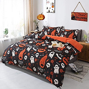 Halloween Duvet Cover Set Queen,3 Pieces Black Skull Pumpkin Comforter Cover Set with 2 Pillowcases Ghost Festival Themed Bedding Set Queen90 x90(Not Comforter)