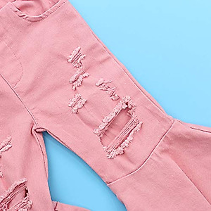 FIOMVA Toddler Baby Girls Flare Pants Solid Denim Ripped Jeans Ruffle Wide Leg Legging Trousers High Waist Bell Bottoms (C-Ripped Pink,4-5T)