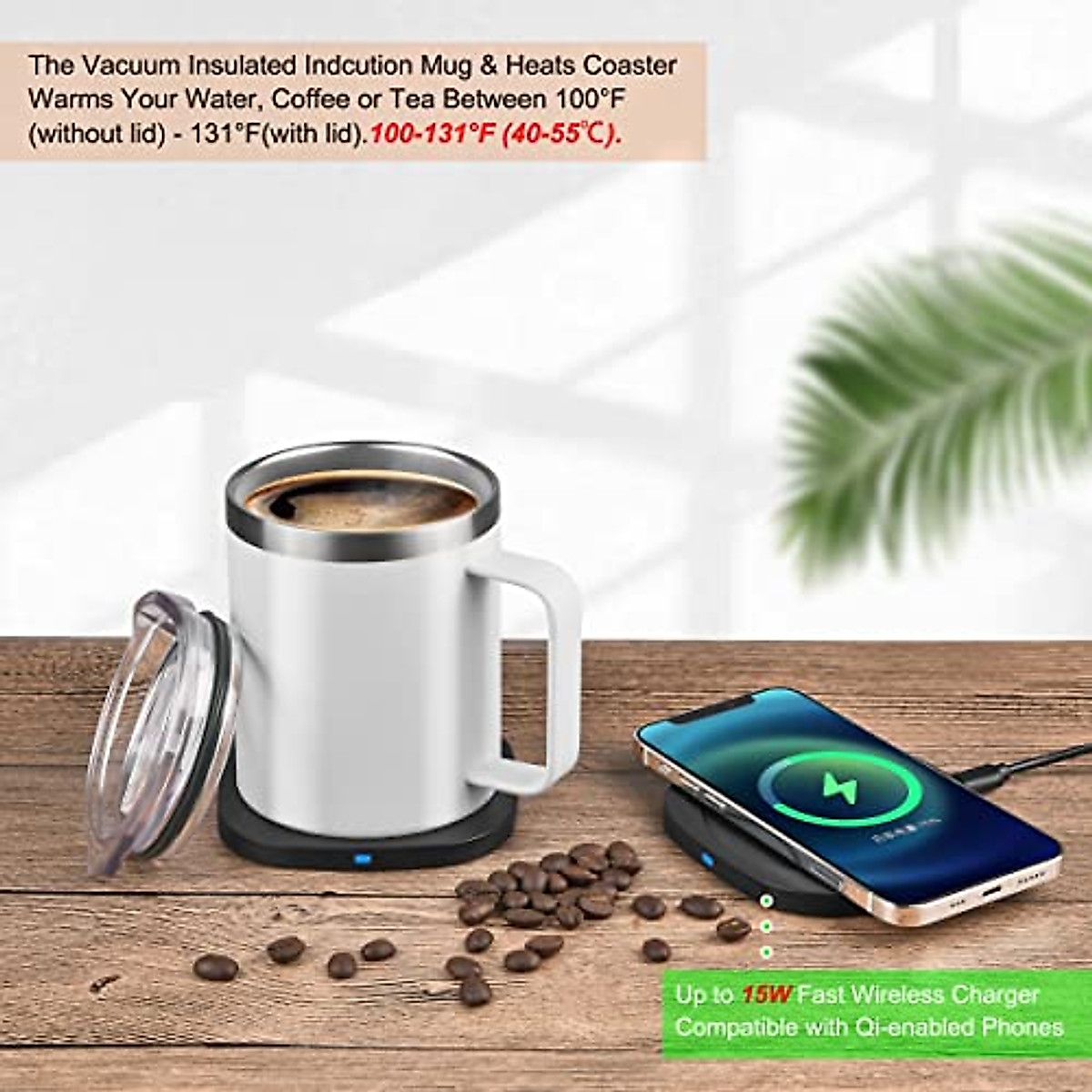 Coffee Mug Warmer Set, 12 Oz Stainless Steel Coffee Cup with Double Vacuum Insulation, 15W Induction Wireless Charging Pad, Home, Office Warms Coffee, Tea, Cocoa, and Milk(Up to 131℉/55℃)