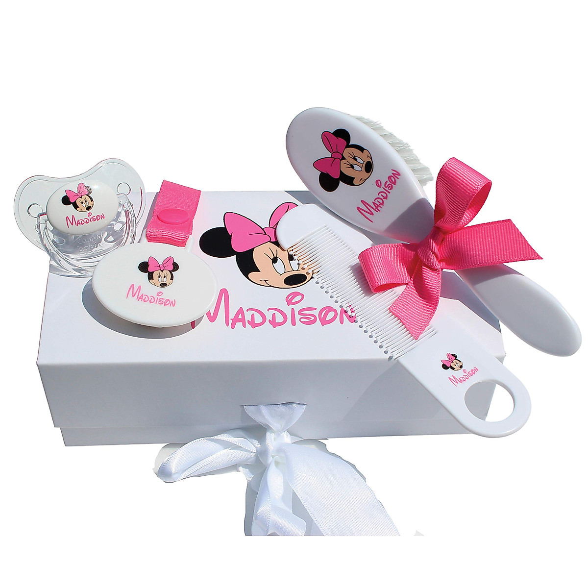 Personalized 4 Piece Baby Gift - Pacifier, Pacifier Clip, Baby Brush and Comb Set, Minnie Mouse, Suitable for Ages 0-3 Years, 0-6 Months, 6-18 Months New Baby Gift, Baby Girl Gift
