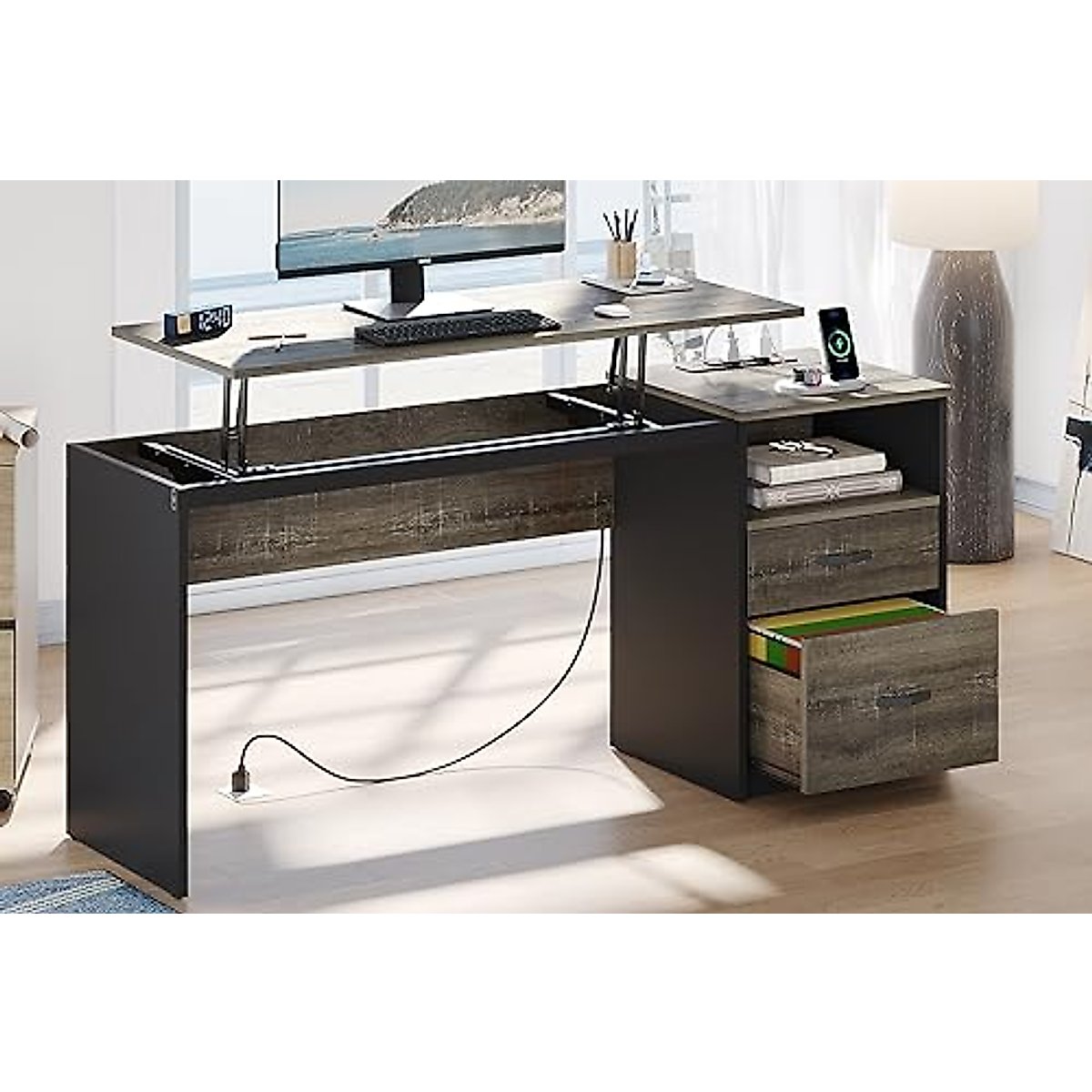 Bestier Lift Top Computer Desk with File Drawer, 60" Large Office Desk with Power Outlet USB Port Built in Writing Study Computer Table with Storage Workstation for Home Office Bedroom, Gray