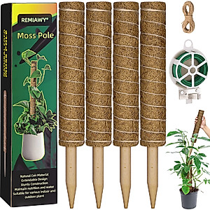 Moss Pole 56 Inch, 4 Pcs Moss Pole Monstera Plant Support, 17.7 Inch Coir Totem Pole Moss Stick for Climbing Plants Indoor Monstera Extension, Train Potted Creepers to Grow Upwards, 65 Feet Twist Tie