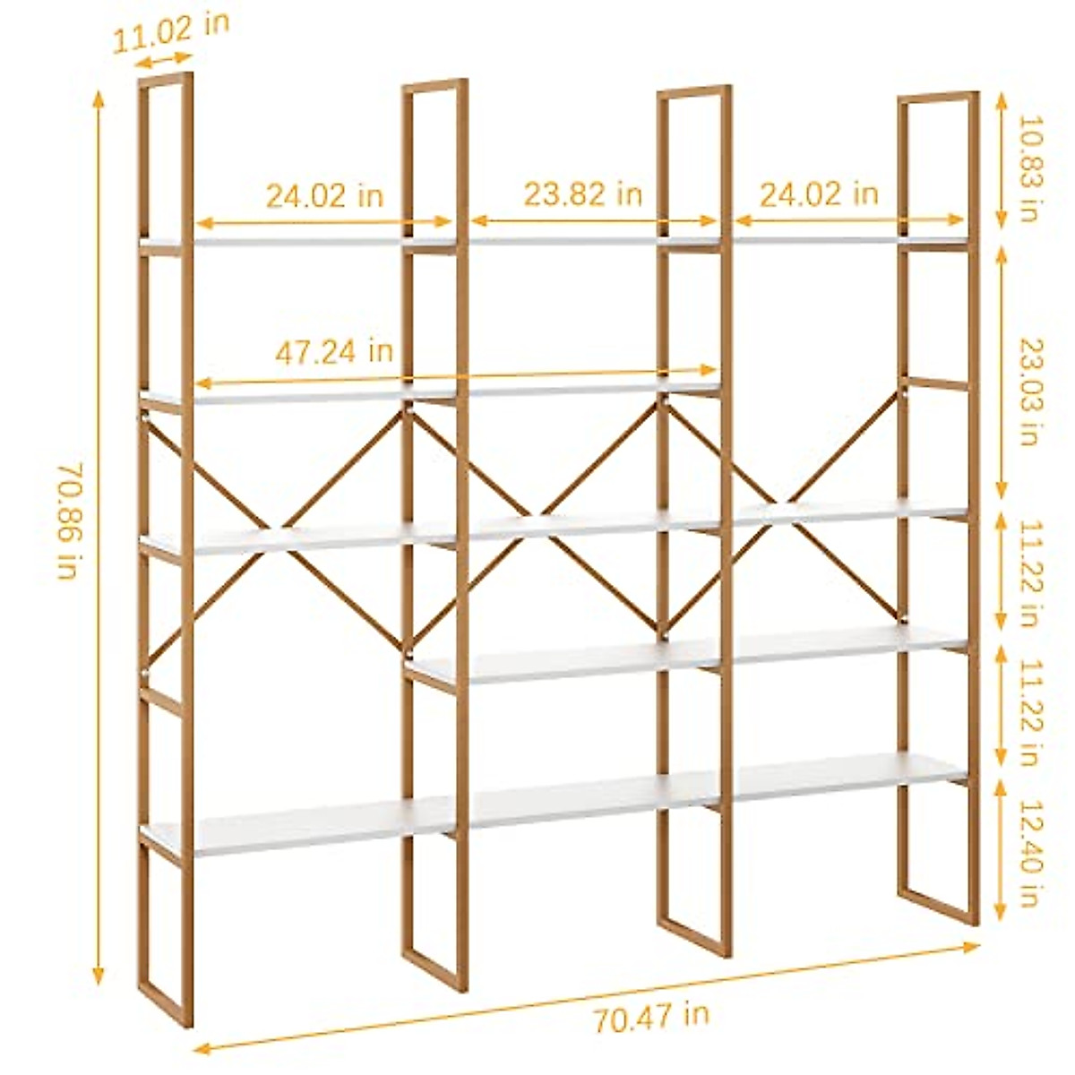 Jehiatek Gold Bookshelf 5 Tiers, Geometric Bookcase, 71"L x 71"H Tall Gold Shelves Etagere Book Case, Sturdy Metal Frame, Freestanding Display Shelving Unit for Home, Office, Library, White and Gold