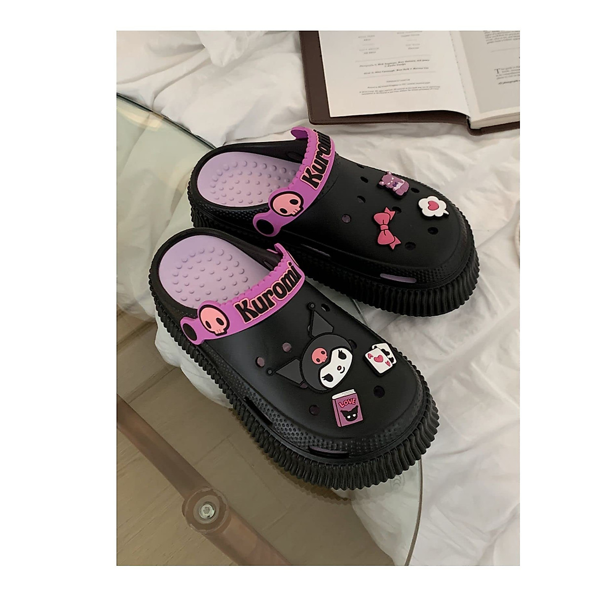 CEINOM Cute Cartoon Slippers Kuromi Kawaii Slippers for Women Cloud Slides indoor Outdoor Soft Comfy Anti-Slip garden Shoes (Black,6,6.5)