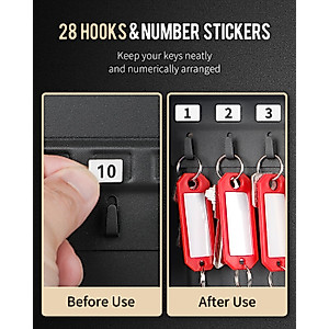 Uniclife 28-Key Steel Key Cabinet with Combination Lock Wall Mounted Key Organizer with Resettable Code Black Digital Security Box with Hooks and Large Key Tag Labels Identifiers in 5 Assorted Colors