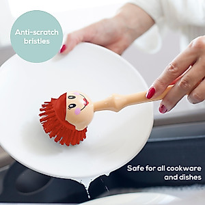Vigar Dolls Dish Brush with Ergonomic Handle and Dres-Shaped Storage Holder - Scrub Brush for Pans, Pots, Kitchen Sink Cleaning, Blue/Pink