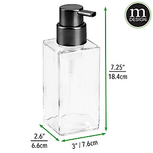 mDesign Glass Refillable Foaming Hand Soap Dispenser Modern Square Pump Bottle for Bathroom Vanities or Kitchen Sink, Countertops - 2 Pack - Clear/Black