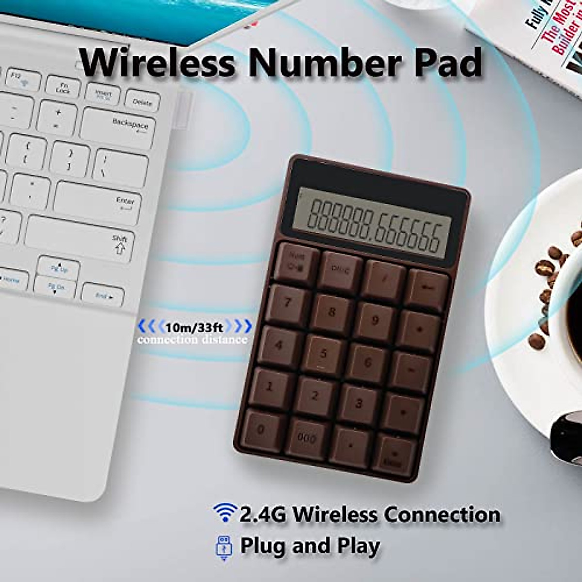 Seaciyan Wireless Number Pad, Ergonomic Cute Mini Portable Digital Keyboard, Cordless External Numeric Keypad with Financial Accounting Calculator (Brown)