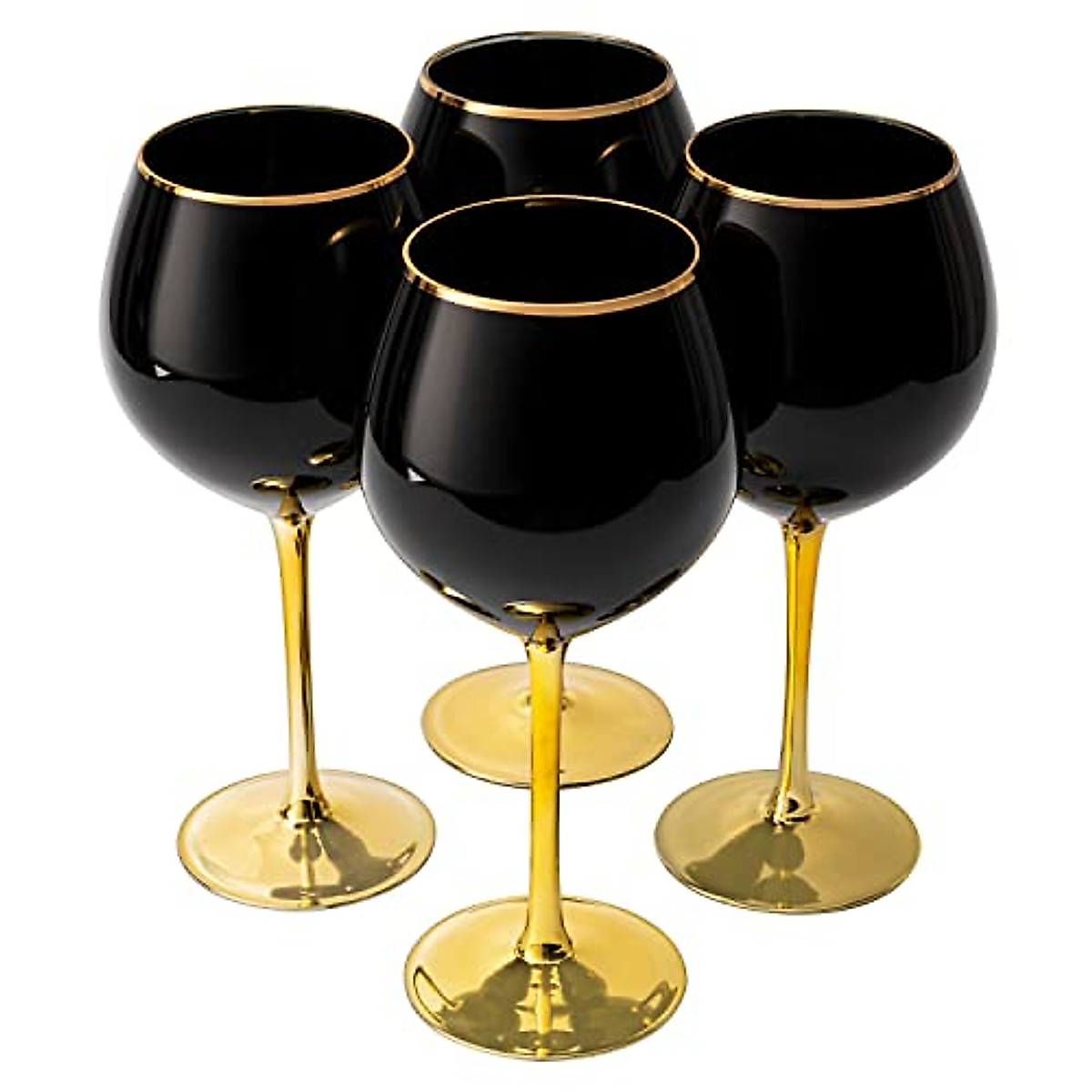 The Wine Savant Set of 4 Black Wine Glasses Gold Stemmed 14 oz Gold Rim Wine Glasses, Black Colored Wine Glasses Luxury Wine Glassware Wine Tasting, Wedding Gift, Anniversary, Birthday