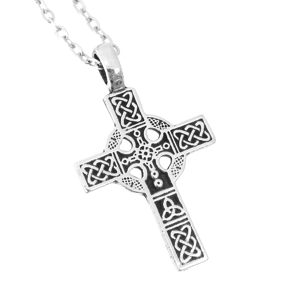 Trilogy Jewelry Pewter Celtic Cross with Triquetra Knot High Polish Pendant on 3mm Cable Link Chain