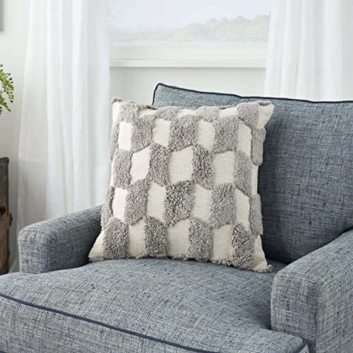 Nicole Curtis Pillow Tufted Diag Checkers Light Grey 18" x 18" Throw Pillow