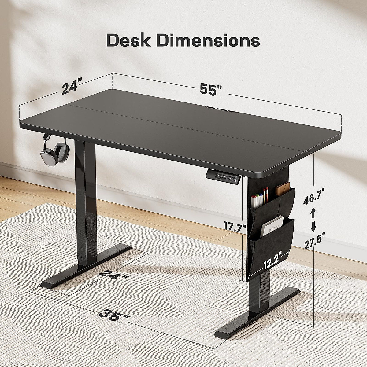 Marsail Standing Desk Adjustable Height, 55x24 Inch Electric Standing Desk with Storage Bag, Stand up Desk for Home Office Computer Desk Memory Preset with Headphone Hook