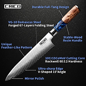 CRICO Damascus Chef Knife 8 inch, Professional Kitchen Knives with Sheath, Forged Japanese VG10 67-Layers Super Steel, Stable-Wood&Resin Handle, Razor Sharp, Gift Box - Flow Series
