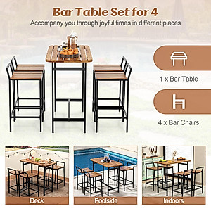 Tangkula 5 Piece Acacia Wood Bar Table Set, Outdoor Bar Height Table & Chairs with Metal Frame & Footrest, Patio Bar Table Set for 4, Patio Furniture Bistro Set for Deck, Garden & Poolside