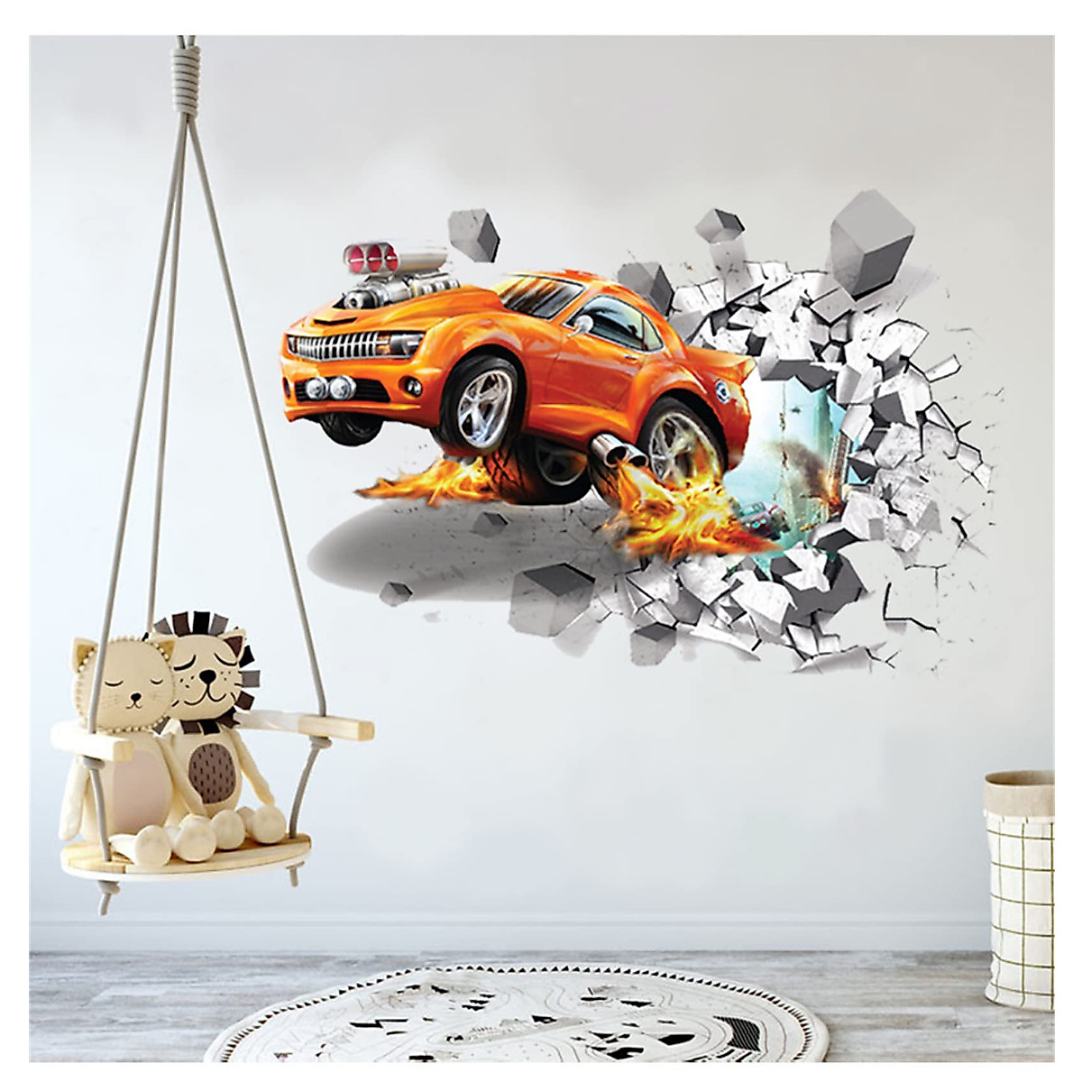 Dynamic Car Wall Stickers, Breaking Wall Creative 3D Wall Decals, Self Adhesive Removable, Art Decal Mural Wall Decor, Kids Boy Room Bedroom Playroom Wall Decoration（19.6'' × 27.5''） (car2)