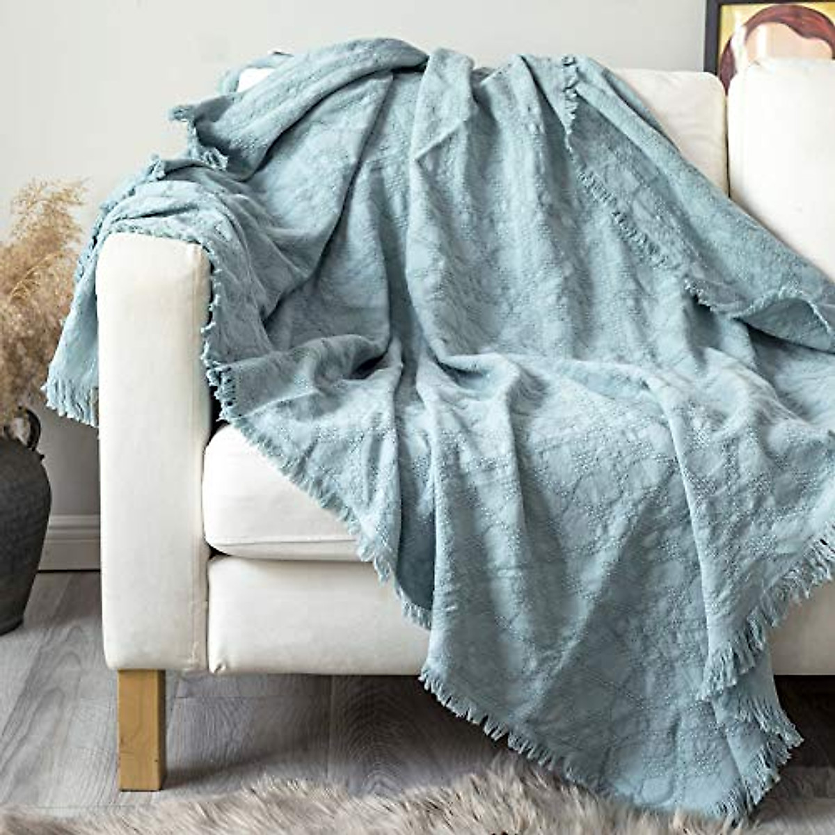 Sofila 100% Cotton Rustic Throw Blanket with Fringe Farmhouse Soft Warm for Sofa Bed Couch Decorative, 50 x 65 Inches, Aqua Blue