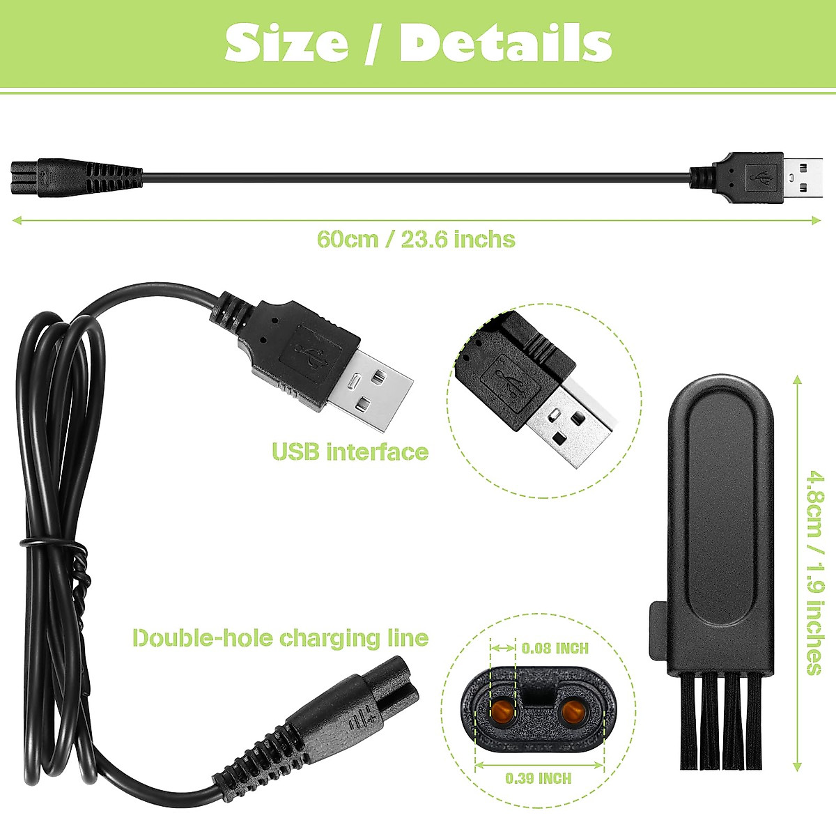 Honoson Head Shaver Power Cord Replacement Electric Shaver Charger Razor Cord USB Cable Charging Data Line and 5 Pieces Cleaning Brush Clipper Compatible and Reliable