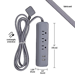 Globe Electric 78252 Designer Series 6ft 3-Outlet USB Surge Protector Power Strip, 2x USB Ports, Surge Protector, Gray Finish