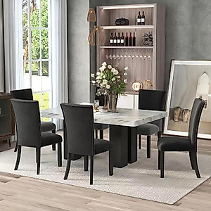 WOZNLA 7-Piece Table Set, Faux Marble Tabletop and 6 Upholstered Chairs, Enhance Your Dining Room Ambiance, Black