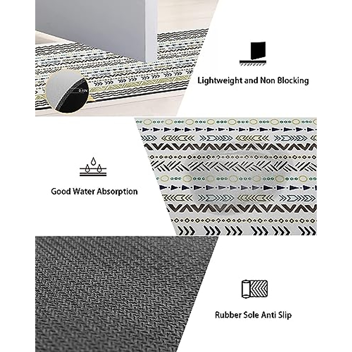 Boho Bath Mat for Tub,Non Slip Bathroom Floor Runner Rug Quick Dry & Absorbent Diatomaceous Earth Kitchen Room Shower Sink Washable Doormat,Black Bohemia Modern Abstract Geometric Stripes 16"x24"