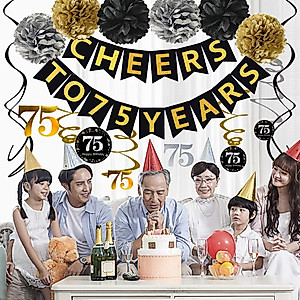 Famoby 75th Birthday Party Decorations Set- Gold Glittery Cheers to 75 Years Banner,Poms,12Pcs Sparkling 75 Hanging Swirls for 75th Birthday Decorations 75 Years Old Party Supplies
