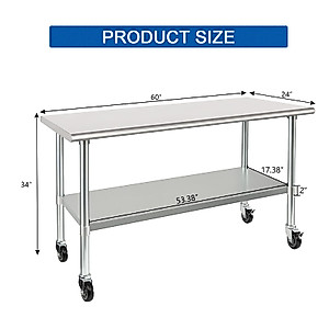 HARDURA Stainless Steel Table with Wheels 24 x 60 Inches Casters NSF Heavy Duty Commercial Work & Prep Table with Undershelf and Galvanized Legs for Restaurant Kitchen Bar and Hotel Garage