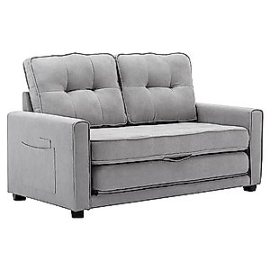 Merax, Gray 59.4" Loveseat Pull-Out Sofa Bed Modern Upholstered Couch with Side Pocket for Living Room