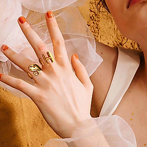 FindChic Initial Ring, Gold Letter Ring, Alphabet S Statement Adjustable Open Rings for Women, Stackable Ring 18K Gold Plated Wedding Band Rings Jewelry Gift