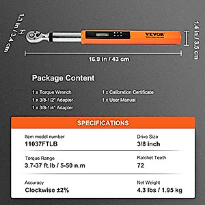 VEVOR Digital Torque Wrench, 3/8" Drive Electronic Torque Wrench, Torque Wrench Kit 3.7-37ft.lb/5-50n.m Torque Range Accurate to ±2%, 3-Mode Adjustable Torque Wrench Set with LED Buzzer Calibration