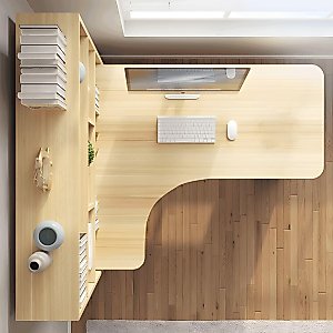 LAKIQ Modern L-Shaped Corner Desk with Bookshelf Engineered Wood Home Writing Desk with Hutch Rectangular Home Office Computer Desk with Storage Shelves(Light Walnut, 47.2" L x 23.6" W x 63" H)