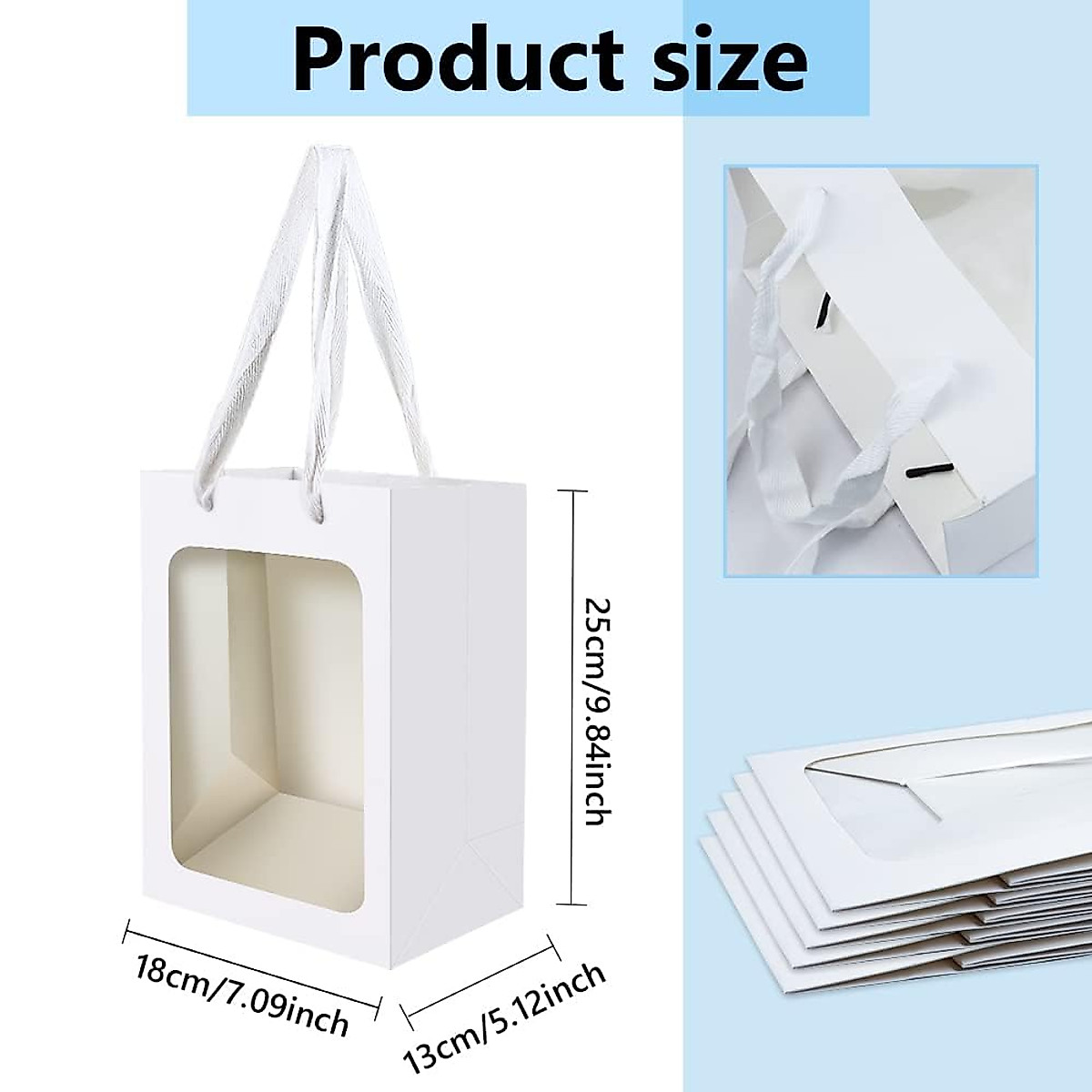 WYOMER 12 Pcs Kraft Paper Gift Bags with Transparent Window, Exquisite Goods Bags with Handles for Gifts, Festivals Partys (White)