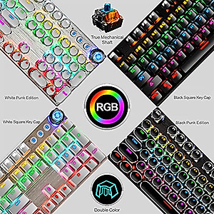 Jamerxie Typewriter Keyboard, RGB Mix Colour Punk Mechanical Keyboard, 104-key Light up Gaming Retro Keyboard with Wired USB for Computers, White/Black (Black Punk)