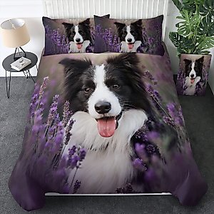 Sleepwish Border Collie Duvet Covers - Black and White Dog Queen Bedding Set 3 Pieces Lavender Floral Comforter or Quilt Cover, 1 Cute Pet Duvet Cover and 2 Pillow Cases Queen Size