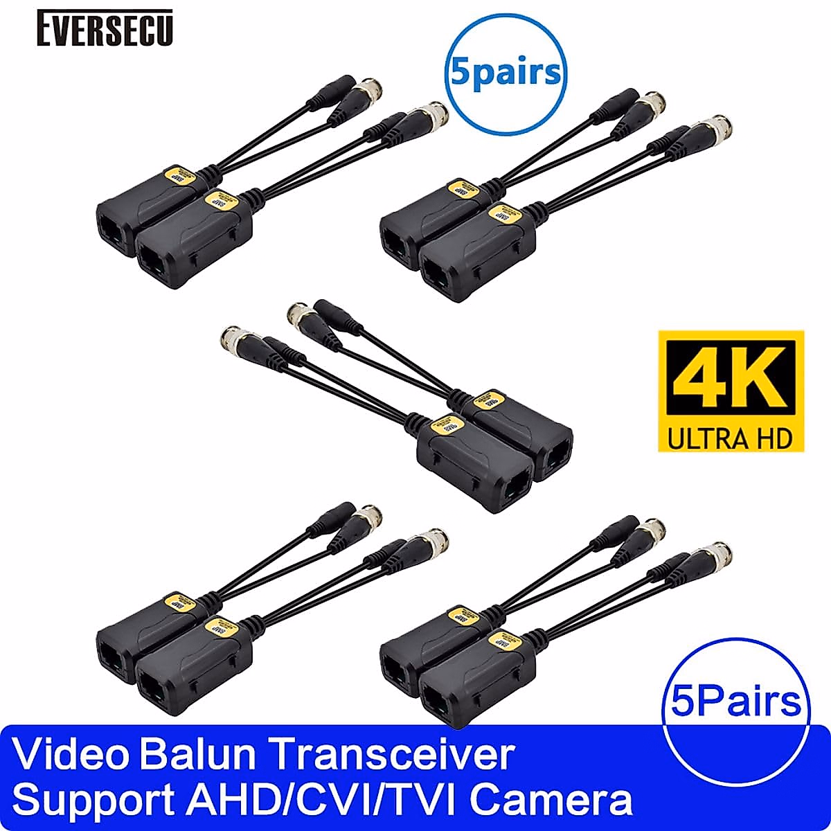 5 Pairs 8MP/4K Passive HD BNC Video Power Balun Transceiver Transmitter Via UTP RJ45 Cable AHD/TVI/CVI/CVBS Cable Connectors for 720P/960P/1080P/3MP/5MP/8MP CCTV Security Cameras