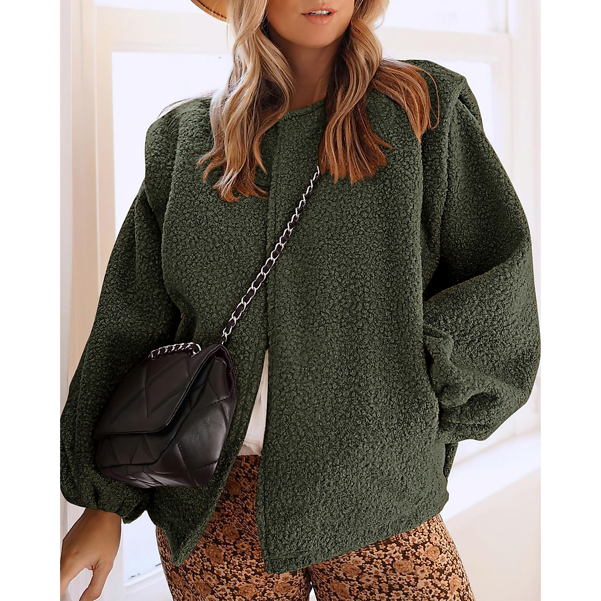 KIRUNDO Women's 2024 Fall Winter Sherpa Fleece Jacket Faux Wool Embedded Lantern Sleeve Casual Loose Outwear With Pockets(Army Green, Medium)