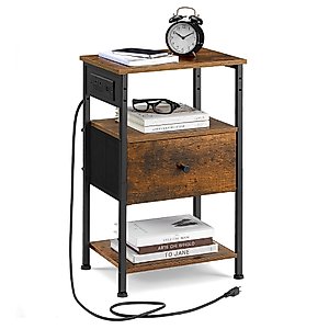 VASAGLE Nightstand with Charging Station, Night Stand, Side Table with 1 Drawer and 2 Open Shelves, Fabric Drawers with MDF Front, End Table, Rustic Brown and Classic Black ULGS026K01