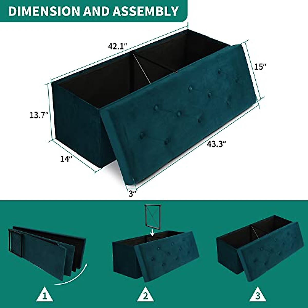 YITAHOME 43 Inches Folding 120L Storage Ottoman Bench, Velvet Footrest with 35mm high Elasticity Sponge seat and Metal Frame for Sturdiness- Holds Upto 680 Lbs (Dark Teal)