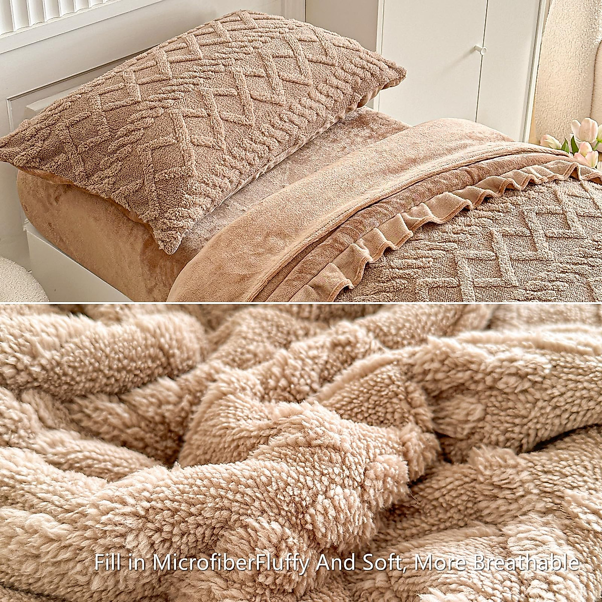 AIKASY Velvet Toddler Bedding Set 4 Piece -Jacquard Plush and Ruffled Fringe Comforter, Flat Sheet, Fitted Sheet and Pillowcase- Suitable for Boys and Girls （Coffee）