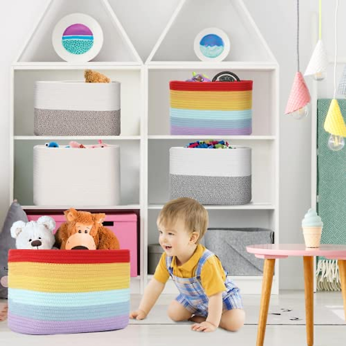 AUSSIY 1 Pack Rope Baskets for Storage Basket, Cotton Rope Woven Basket with Handles. Blanket Basket for Storing Clothes, Toys, Books, Shelves etc, 15''L x 10''W x 9.5''H, Rainbow Baskets