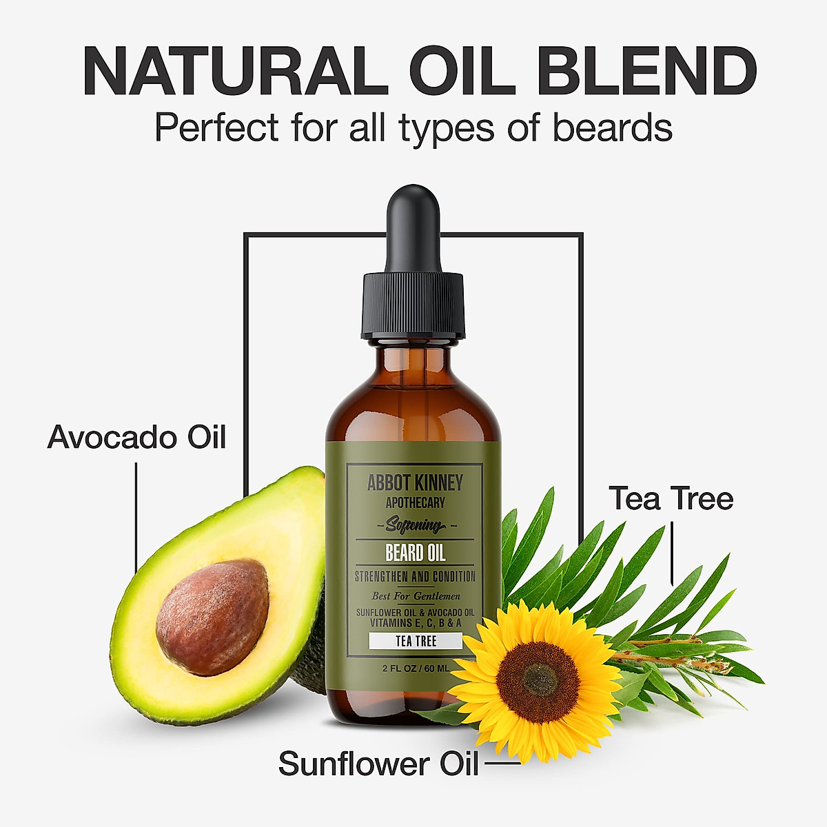 ABBOT KINNEY APOTHECARY Softening Beard Oil, Strengthens and Conditions Beards, Blend of Natural Oils, 2 oz (Tea Tree)