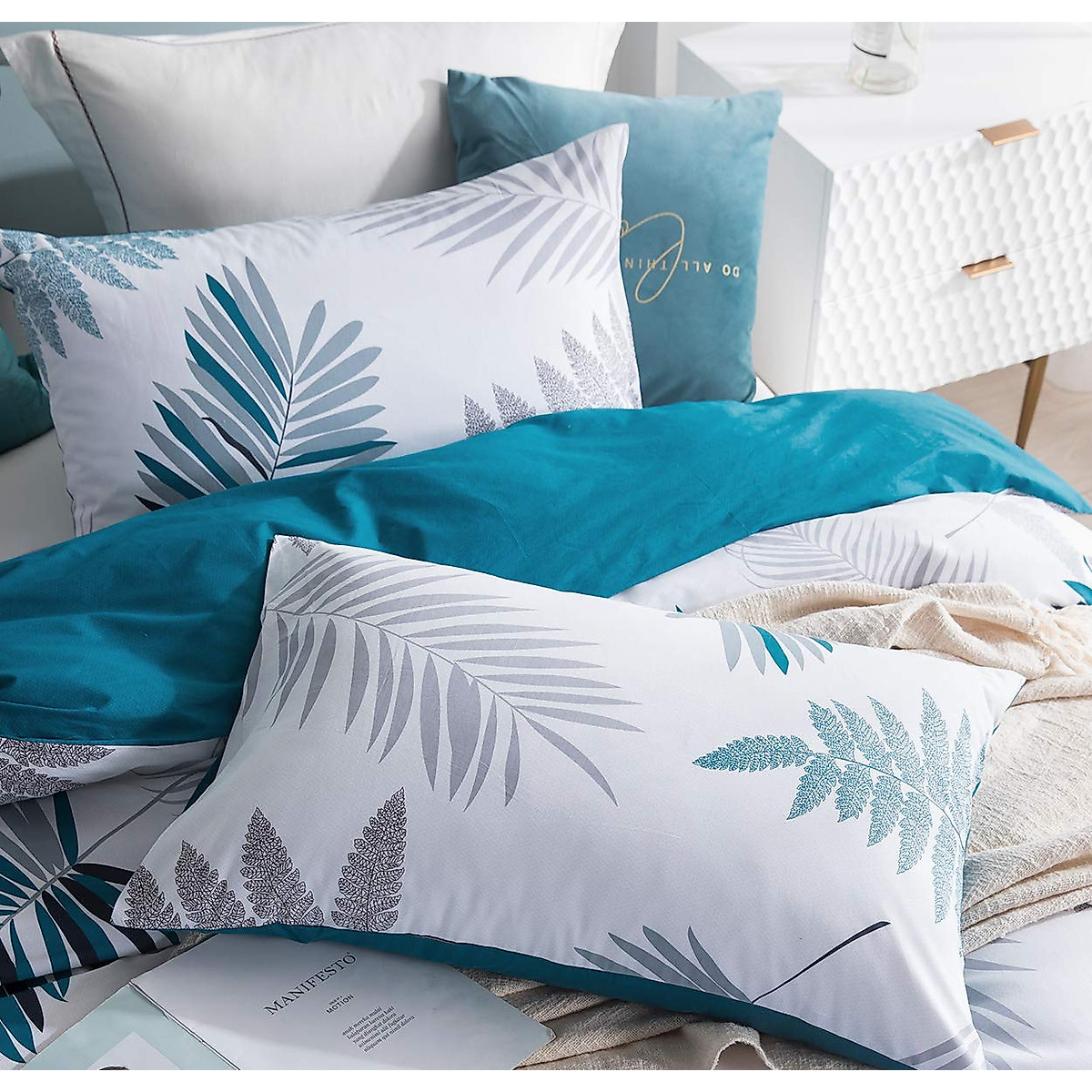 SLEEPBELLA Duvet Cover Full, 600 Thread Count Cotton Leaf Botanical Pattern Print Reversible Comforter Cover Set (Full, Teal Blue-Leaf)
