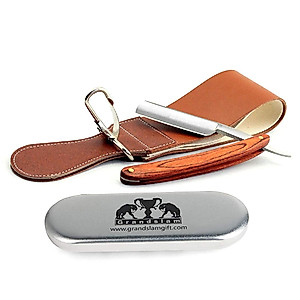 Grandslam Pro Natural Wooden Handle 420 Stainless Steel Straight Razor with Premium Leather Strop,Straight Razor Shaving Kit for Men,2 Layers Leather Canvas Strop Sharpening Strop Brown