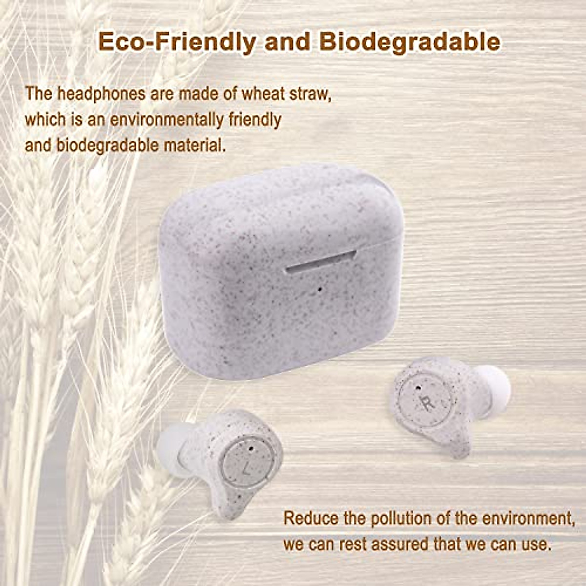 Wireless Earbuds Bluetooth Headphones Built-in Microphone with Support Wireless Charging Case, Wheat Straw in-Ear TWS Earphones with Stereo and Bass, for iPhone, Android，PC (TO6)