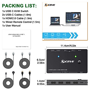 USB C KVM Switch 4K@60Hz,MLEEDA USB C Switch 2 Computers Share 1 Monitor and 4 USB Devices,Compatible with Thunderbolt 3,with 100 W Power Delivery Option,Wired Remote and 3 Cables Included