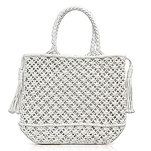 QTKJ Hand-Woven Cotton Crochet bag Women's Summer Beach Tote Bag Crochet Clutch Bag Woven Envelope Bag with Cute Tassel (White)