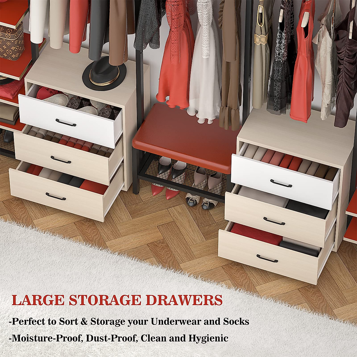 Cyclysio 96'' Heavy Duty Closet System, Large Wooden Garment Rack, Wall Mounted Walk-in Closet, Clothing Rack with Shelves, Closet Organizer System with Stool, 14 Shelves, 6 Drawers, 4 Rods, Black