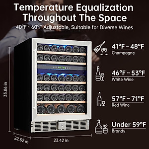 52 Bottles Wine Cooler Under Counter, 24 Inch Dual Zone Wine Fridge with 40～64°F Independent Temperature Control, Safety Lock, All Wood Removable Shelves, Stainless Steel+Glass Door, Dual Zone