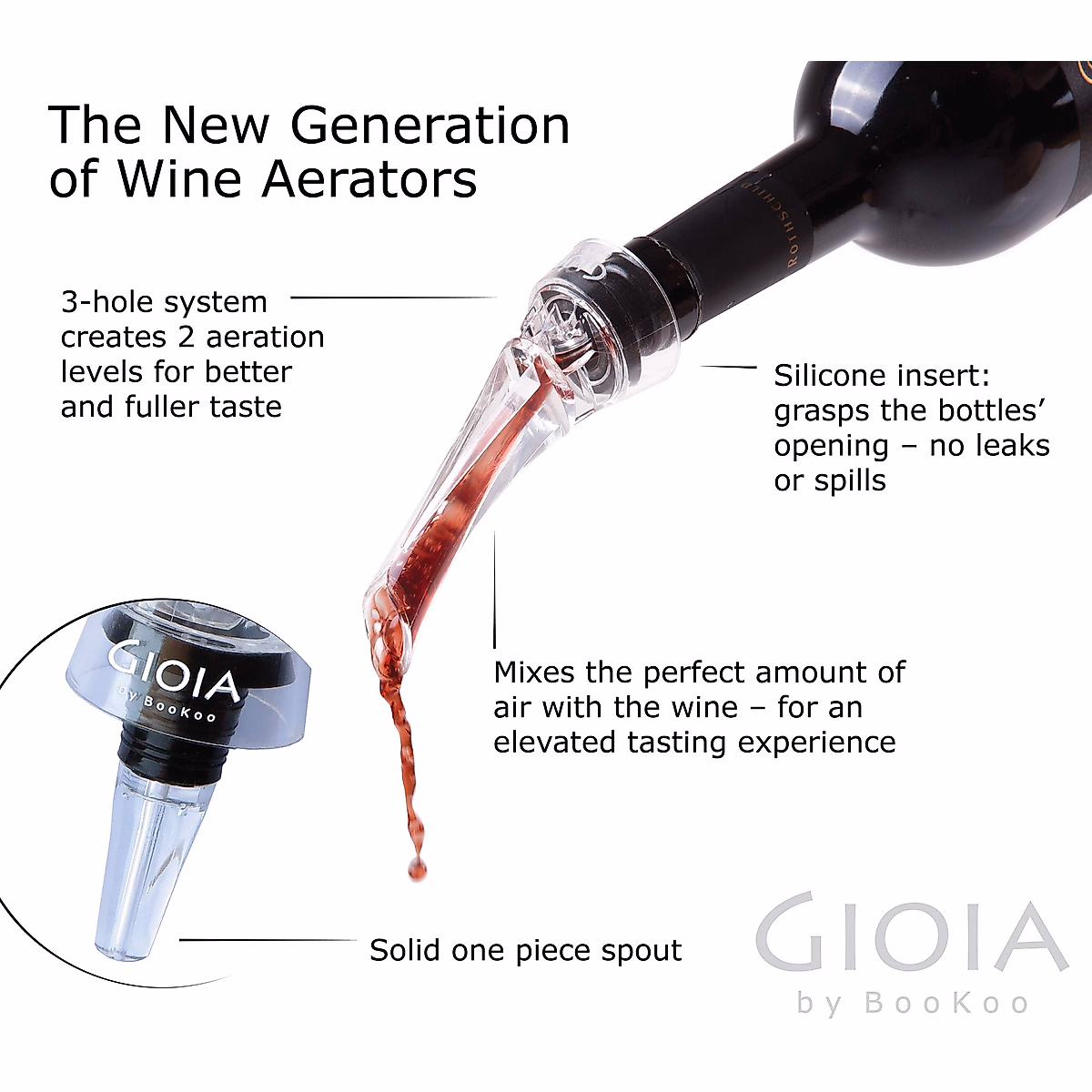 GIOIA Wine Aerator Pourer Set: Premium Wine Decanter Spout with Vacuum Stopper Pump and Corkscrew, Home Essentials in Stylish Gift Box