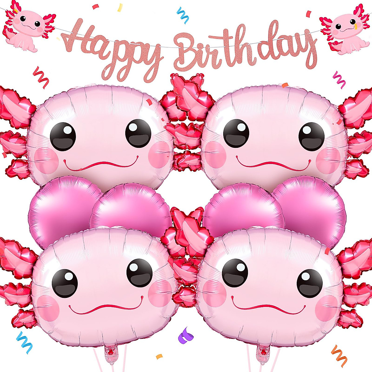 Trandraft 9 Pcs Axolotl Birthday Decorations Pink Inflatable Axolotl Party Supplies Include 4 Pcs Aluminum Foil Axolotl Balloons 4 Round Balloons and 1 Axolotl Happy Birthday Banner for Themed Party